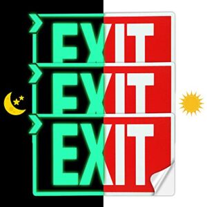 exit signs glow in the dark exit decals 3 pack 12"x7" exit photoluminescent signs stickers, glows for up to 8 hours