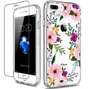 giika iphone 8 plus case, iphone 7 plus case with screen protector, clear heavy duty protective case floral girls women hard pc case with tpu bumper cover phone case for iphone 8 plus, small flowers