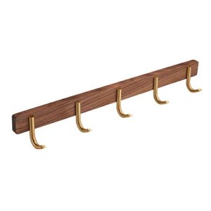 generic wall mounted coat rack 5-tri hooks, heavy duty, metal coat hooks rail for coat hat towel purse robes mudroom bathroom entryway, matt gold with walnut 101-5