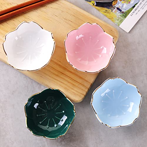 VanEnjoy Set of 4 Ceramic Seasoning Dishes Dish Sushi Dipping Bowl, Cherry Blossom Sauce Tea Bag Holder Serving Dish for Kitchen