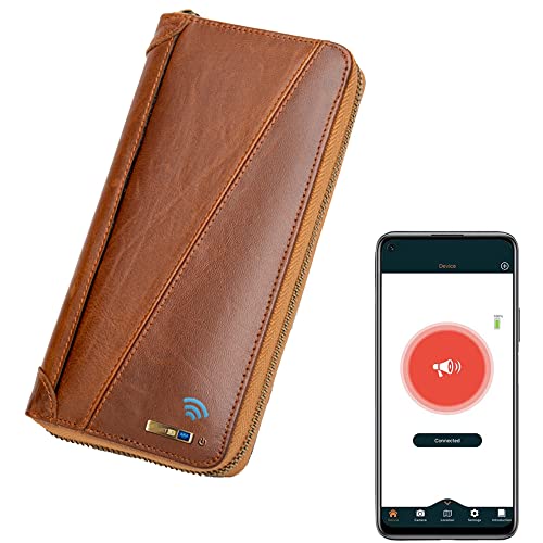 SMART LB Anti-Lost Bluetooth Leather Long Purse with Alarm, Position Record (via Phone GPS), Bifold Multi Card Case with Zipper Pocket Intelligent Wallet (Brown)