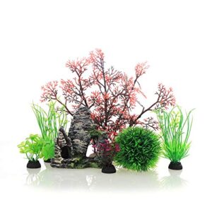 jih aquarium fish tank plastic plants and cave rock decorations decor set 7 pieces, small and large artificial plants (cu89red-7)