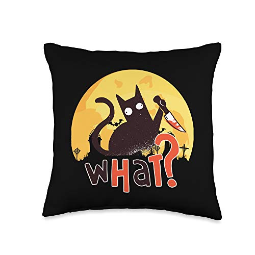 Halloween Murder Cat What Murder Cat Holding a Knife with Blood in it Throw Pillow, 16x16, Multicolor