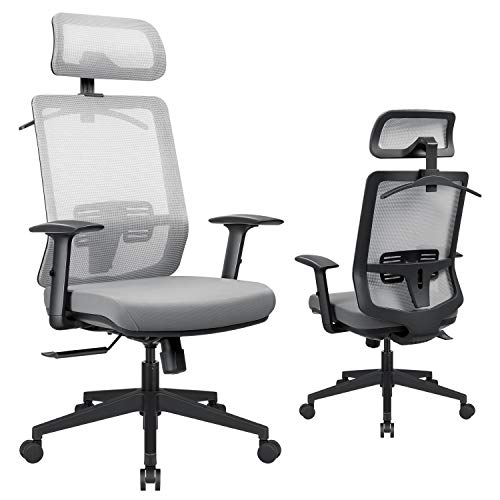 Furmax Ergonomic Office Chair, High Back Desk Chair with Adjustable Headrest, Lumbar Support and Armrests, Mesh Computer Chair with Clothes Hanger (Gray)