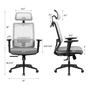 Furmax Ergonomic Office Chair, High Back Desk Chair with Adjustable Headrest, Lumbar Support and Armrests, Mesh Computer Chair with Clothes Hanger (Gray)