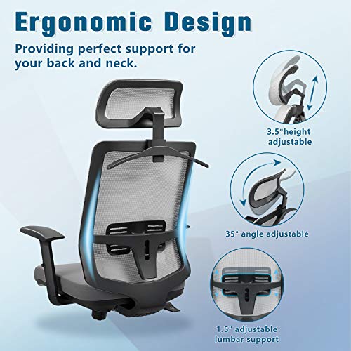 Furmax Ergonomic Office Chair, High Back Desk Chair with Adjustable Headrest, Lumbar Support and Armrests, Mesh Computer Chair with Clothes Hanger (Gray)