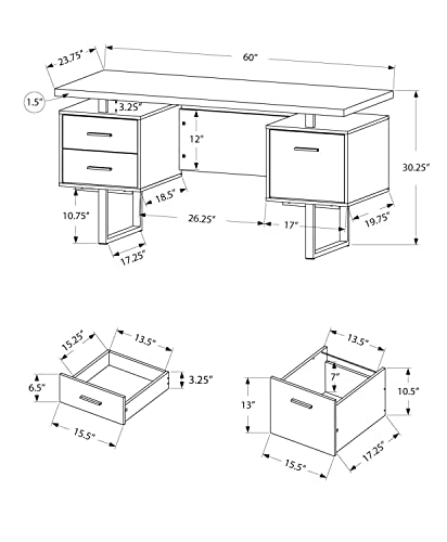 Monarch Specialties 7630 Computer Desk, Home Office, Laptop, Left, Right Set-up, Storage Drawers, 60" L, Work, Metal, Laminate, Contemporary Desk-60 L Modern Grey Black x 23.75" W x 30.25" H