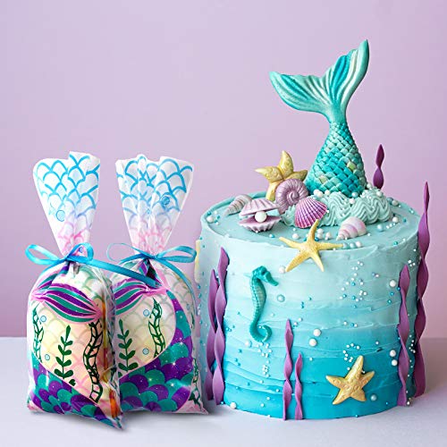 100 Pieces Mermaid Cellophane Bags Mermaid Tail Themed Treat Favor Bags Transparent Cello Bags with Blue Ribbon Cookie Chocolate Candy Goody Bags for Party, Carnival