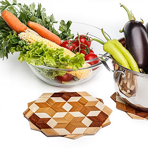 Natural Wood Trivets for Hot Dishes Set Sturdy 8'', Pots and Pans - 2 Eco Friendly Hot Pads for Kitchen Counter - Round Stand Dining Table Decor,Hot Plates to Protect - Wood Teapot Trivet Gifts…