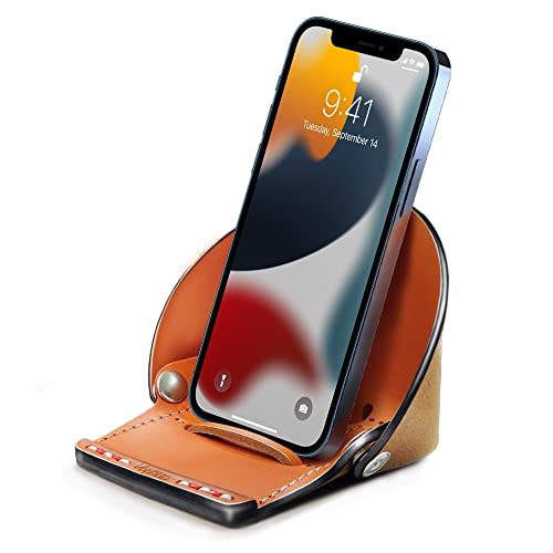 VogDuo Premium Genuine Leather Stand, 0.1 inch Thick, Foldable Phone Holder, Cell Phone Stand, Compatible with iPhone 13/13 Pro/12/12 Pro/11/11 Pro, Samsung Galaxy, Google Pixel, Tan