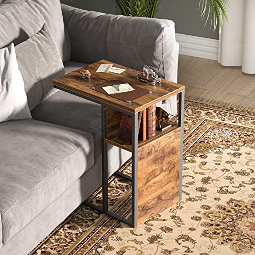 Cubiker End Table, C Shaped Reversible Side Table with Wooden Shelf, Snack Side Table for Living Room, End Table for Sofa Couch and Bed, Metal Frame Nightstand Deep Brown