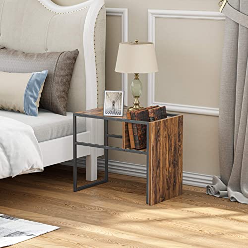 Cubiker End Table, C Shaped Reversible Side Table with Wooden Shelf, Snack Side Table for Living Room, End Table for Sofa Couch and Bed, Metal Frame Nightstand Deep Brown