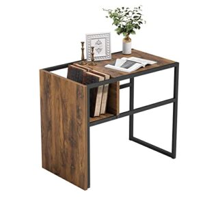 Cubiker End Table, C Shaped Reversible Side Table with Wooden Shelf, Snack Side Table for Living Room, End Table for Sofa Couch and Bed, Metal Frame Nightstand Deep Brown