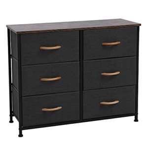 3-tier wide dresser, storage unit with 6 easy pull fabric drawers, metal frame, and wooden tabletop, for closet, nursery, hallway，gray