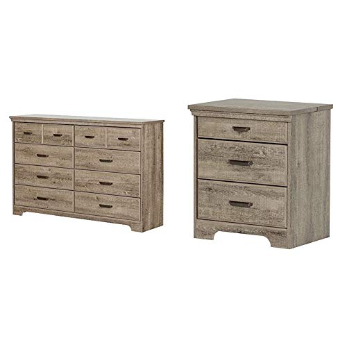 South Shore Versa Collection 8-Drawer Double Dresser, Weathered Oak with Antique Handles & Shore Versa Nightstand with 2 Drawers and Charging Station, Weathered Oak