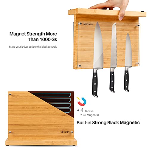 Secura Magnetic Knife Block, Bamboo Knife Stand, Double Side Knife Holder, Kitchen Multifunctional Storage with Transparent Acrylic Protection Shield,12 inch