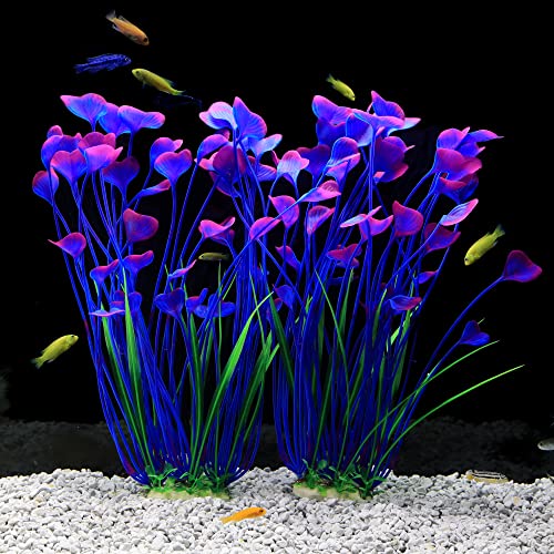 KHGYY Plastic Plants for Aquarium,Tall Artificial Plants for Fish Tank Decor 15.6 Inch (2 Pcs) (Purple)