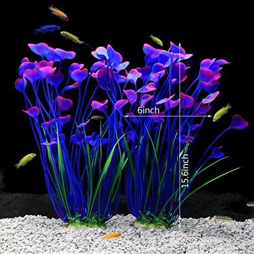 KHGYY Plastic Plants for Aquarium,Tall Artificial Plants for Fish Tank Decor 15.6 Inch (2 Pcs) (Purple)