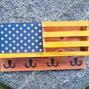 American Flag Key Holder & Organizer with Shelf for Wall. Crafted of Natural Fir Wood, Hand Painted in Patriotic Red, White, Blue. Unique Design, Decor Accent for Entry, Office, Living Room, Bedroom