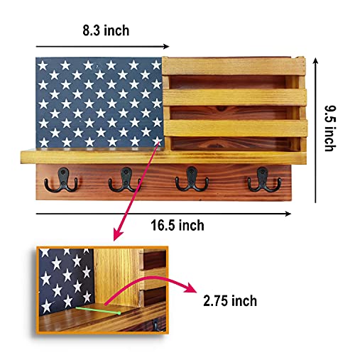 American Flag Key Holder & Organizer with Shelf for Wall. Crafted of Natural Fir Wood, Hand Painted in Patriotic Red, White, Blue. Unique Design, Decor Accent for Entry, Office, Living Room, Bedroom