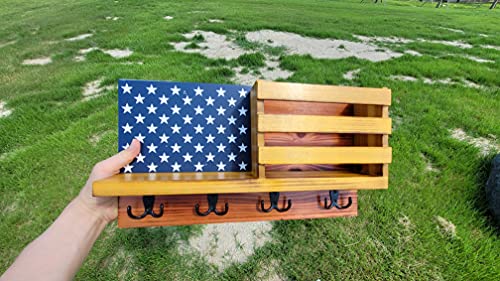 American Flag Key Holder & Organizer with Shelf for Wall. Crafted of Natural Fir Wood, Hand Painted in Patriotic Red, White, Blue. Unique Design, Decor Accent for Entry, Office, Living Room, Bedroom