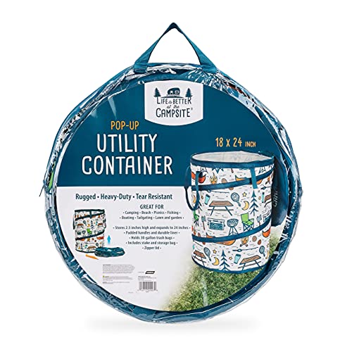 Camco 42997 Life is Better at The Campsite Pop-Up Container, 24-Inches x 18-Inches - Holds 30-Gallon Kitchen-Size Trash Bags - Features a Campsite Design