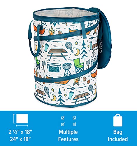 Camco 42997 Life is Better at The Campsite Pop-Up Container, 24-Inches x 18-Inches - Holds 30-Gallon Kitchen-Size Trash Bags - Features a Campsite Design