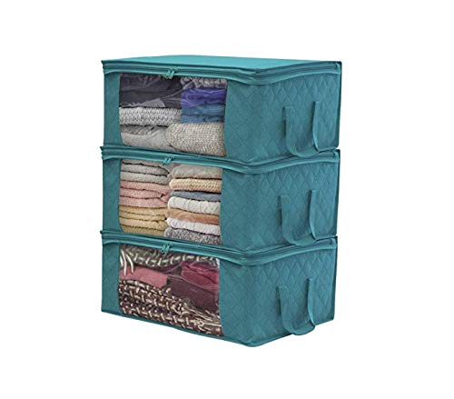 MMLL 3-Pack Fabric Clothes Storage Boxes, Bedding Large Storage Bags, Underbed Clothing Storage Box, Zipper Foldable Drawer Organizer, Used for Clothes, Blankets, Closets,19" L X 14" W X 8" H (Blue)