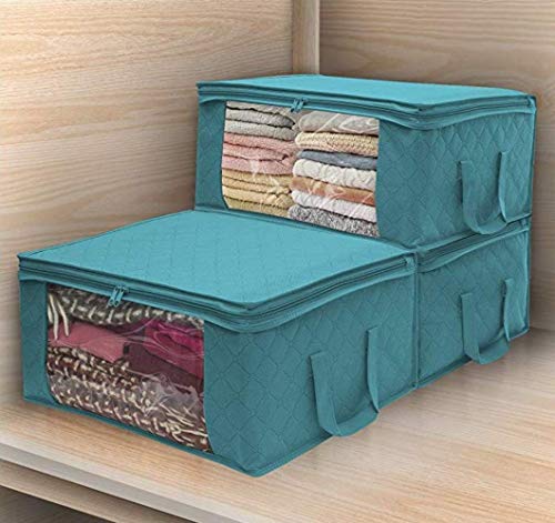 MMLL 3-Pack Fabric Clothes Storage Boxes, Bedding Large Storage Bags, Underbed Clothing Storage Box, Zipper Foldable Drawer Organizer, Used for Clothes, Blankets, Closets,19" L X 14" W X 8" H (Blue)