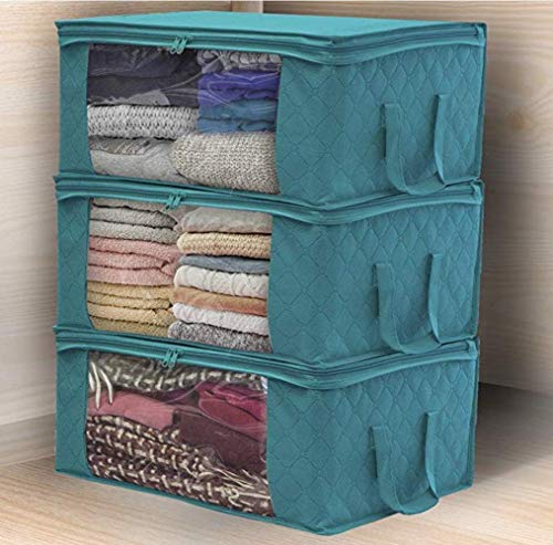 MMLL 3-Pack Fabric Clothes Storage Boxes, Bedding Large Storage Bags, Underbed Clothing Storage Box, Zipper Foldable Drawer Organizer, Used for Clothes, Blankets, Closets,19" L X 14" W X 8" H (Blue)