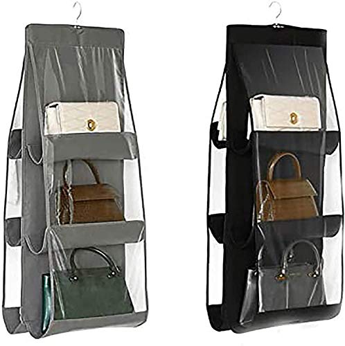 MICOKAY Hanging Closet Organizer, 2 Pcs 6 Pockets Hanging Handbag Purse Organizer for Family Closet Bedroom, Foldable and Universal (Black&Grey)