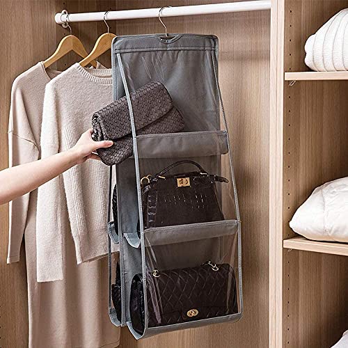 MICOKAY Hanging Closet Organizer, 2 Pcs 6 Pockets Hanging Handbag Purse Organizer for Family Closet Bedroom, Foldable and Universal (Black&Grey)