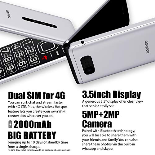 TIANHOO Flip Phone for Seniors 4G, Senior Flip Phone Unlocked with Big Buttons Dual Card GSM LTE Flip Phone for Elderly with Large Buttons Flip Cell Phone for Seniors (Silver)