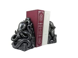 world of wonders octopus bookend | ocean decor decorative bookends | kraken bookend | pewter book shelf holder | beach house decor | ocean theme under the sea marine life nautical - 7"