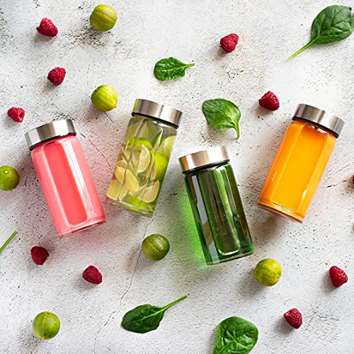 Juice Bottles - 4 Pack Wide Mouth Glass Bottles with Lids - for Juicing, Smoothies, Infused Water, Beverage Storage - 10oz, BPA Free, Stainless Steel Lids, Leakproof, Reusable, Borosilicate