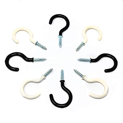 DIY.TK Cup Screw Hooks for Hanging, 32 Pack Ceiling Hooks 1-3/4 inch Vinyl Steel Cup Hooks Outdoor Indoor Porch Bathroom Kitchen Wall Hang Hooks for Coffee Tea Cup, Plant, Light, Mug – White,Black