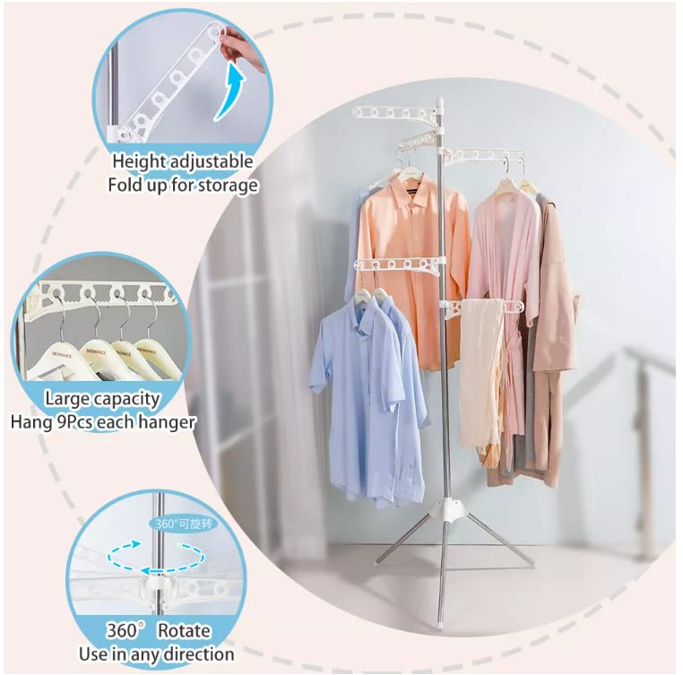 Home Spirit Tripod Clothing Rack, Indoor Clothes Drying Rack for Laundry, Foldable for Storage, Adjustable Height Up to 74", Five Removable Adjustable Hangers, Holds Up to 36 Garments