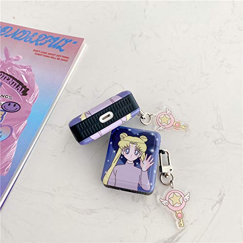 LUCKESSA Girls Women Beautiful Purple Star Sailor Moon Girl Pattern Earphone Case for AirPods 1/2, Soft IMD Sailor Moon Lightweight Rechargeable Earbud Cover Protective Skin +Magic Wand Keychain