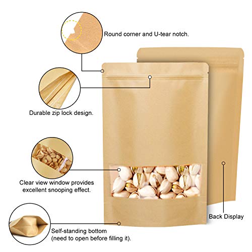 KLATIE 50pcs Kraft Stand Up Pouches, 3.5"×5.5" Zip Lock Food Storage Bags with Window, Reusable, Heat-Sealable Bags for Cookies Coffee Tea