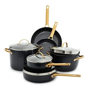 greenpan reserve hard anodized healthy ceramic nonstick 10 piece cookware pots and pans set, gold handle, pfas-free, dishwasher safe, oven safe, black