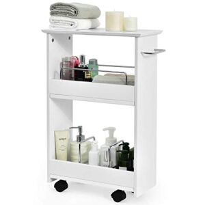 goflame slim bathroom storage cart, wooden storage shelf with towel bar and side handle, storage cabinet organizer with rolling casters for bathroom, laundry, kitchen