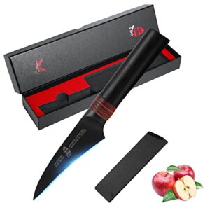 tuo bird beak paring knife 2.5" - hc japanese aus-8 stainless steel - ergonomic pakkawood handle with sheath & gift box - small tourne knife razor sharp rust resistant - dark knight series