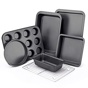 kitessensu baking pans sets, nonstick bakeware set 7-piece with round/square cake pan, loaf pan, muffin pan, cookie sheet, roast pan, cooling rack, carbon steel bake set