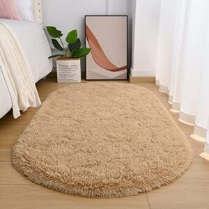 goideal oval shaggy bedroom rug 2.6 x 5.2 feet fluffy area rugs for girls boys kids room nursery floor carpet home decoration, light-tan