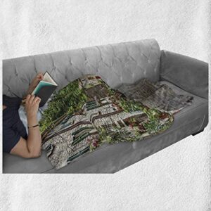 Lunarable Wanderlust Throw Blanket, Narrow Old Street Flowers in Italy Medieval Historic Buildings, Flannel Fleece Accent Piece Soft Couch Cover for Adults, 50" x 60", Beige Green Ivory