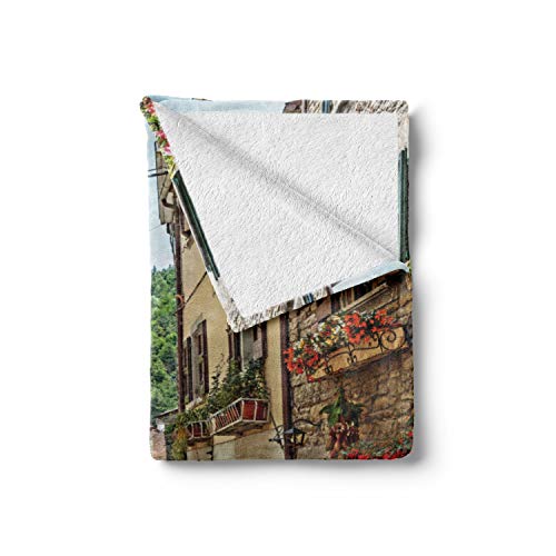 Lunarable Wanderlust Throw Blanket, Narrow Old Street Flowers in Italy Medieval Historic Buildings, Flannel Fleece Accent Piece Soft Couch Cover for Adults, 50" x 60", Beige Green Ivory