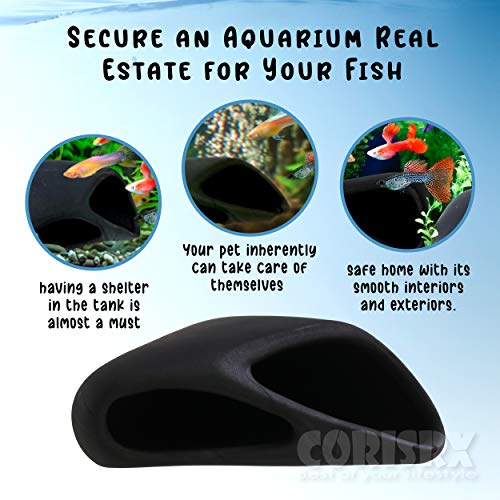 Corisrx Fish Aquarium Cave Decorations - Smooth Ceramic Fish Hide Fish House, Meteorite Like Leopard Gecko Lizard Reptile Hide Basking Rock, Betta Fish Tank Hideout Terrarium Decor - Aquarium Rocks