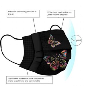 50Pcs Butterfly Printed Black Disposable_Face_Masks for Adult,3-ply Face Protection Covering with Elastic Earloop and Nose Clip,Comfortable & High Filtration &Ventilation (D)