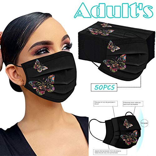 50Pcs Butterfly Printed Black Disposable_Face_Masks for Adult,3-ply Face Protection Covering with Elastic Earloop and Nose Clip,Comfortable & High Filtration &Ventilation (D)