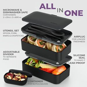 Premium Bento Lunch Box with Insulated Lunch Bag - Box Includes Sauce Cup, Divider, Cutlery & Chopsticks - Bag Made of Durable Materials, Variable Strap/Handler, Wide Opening - Zero Waste & Food-Safe